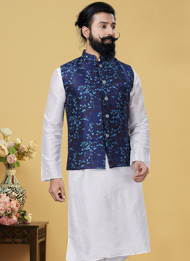 Buy Navy Blue Dupion Silk Jacquard Bandi Set Party Wear Online at Best ...