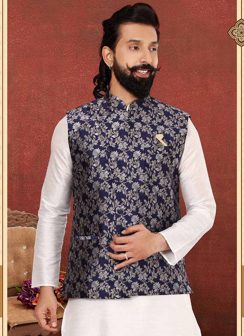 Shop Navy Blue Dupion Silk Jacquard Bandi Set Party Wear Online at Best ...