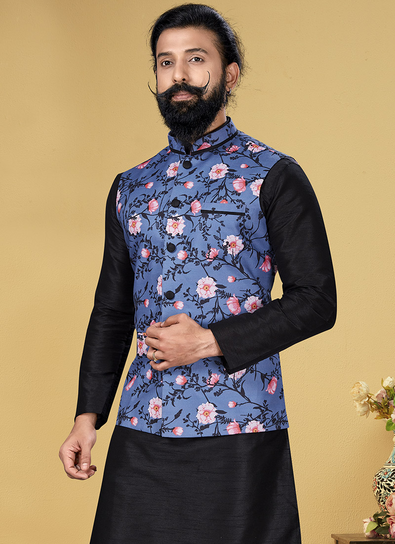 Shop Navy Blue Dupion Silk Printed Bandi Set Party Wear Online at Best ...