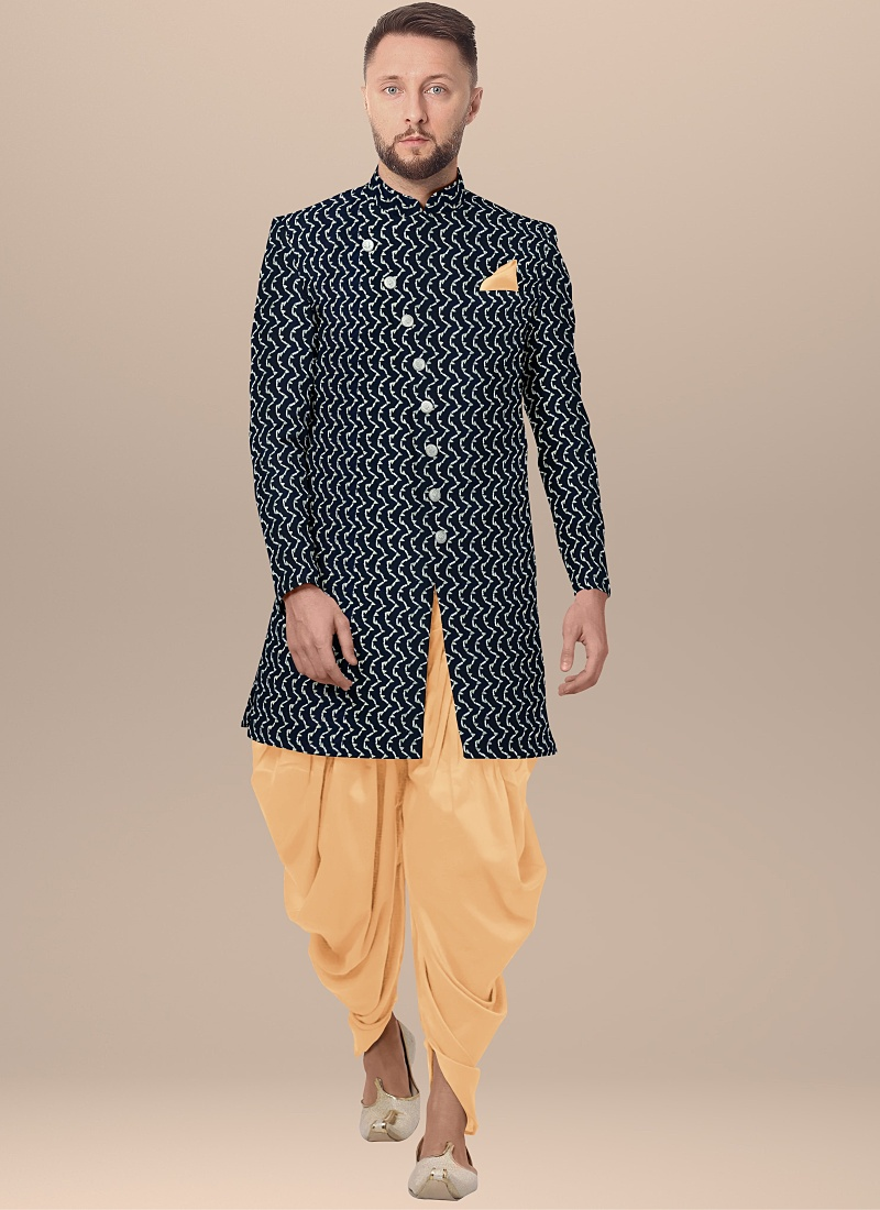 Shop Navy Blue Embroidered Velvet Sherwani N Dhoti Party Wear Online at ...