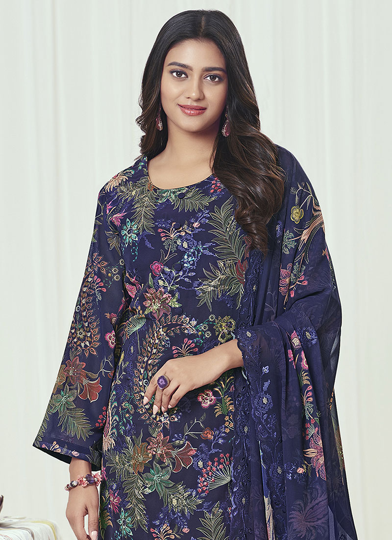 Shop Navy Blue Georgette Digital Print Embroidered Sequins Straight ...
