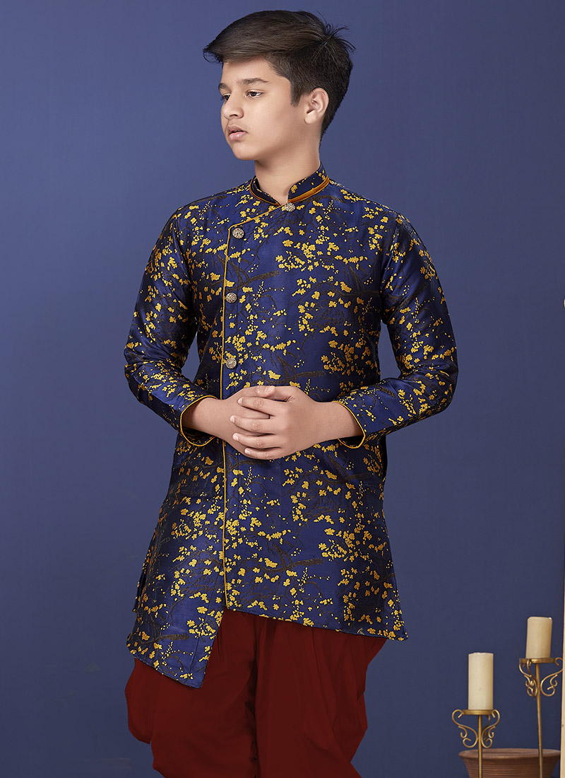 Shop Navy Blue Heavy Silk Indowestern Sherwani Wedding Wear Online at ...