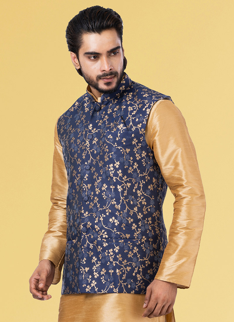 Shop Navy Blue Jacquard Silk Nehru jacket in UK - Cbazaar