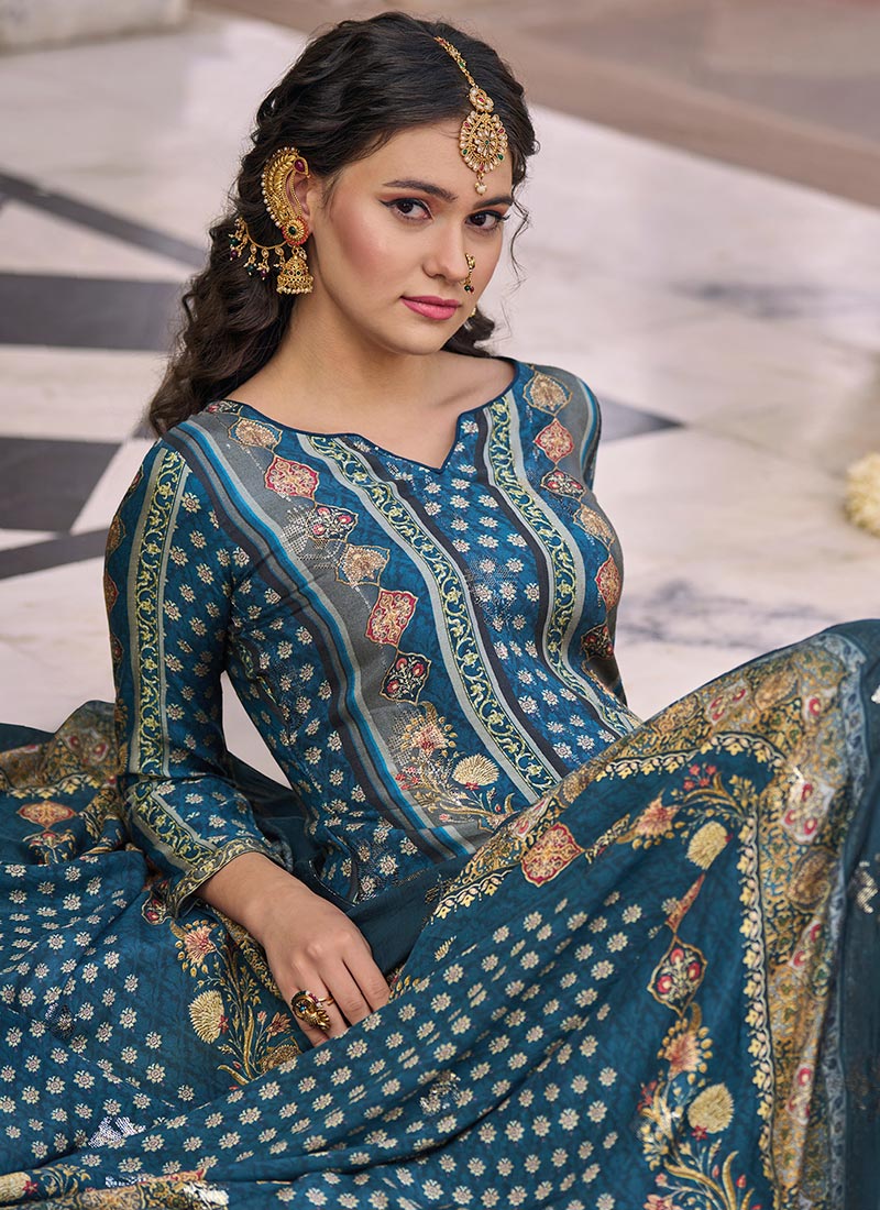 Buy Teal Blue Muslin Digital Print Palazzo suit After Six Wear Online ...