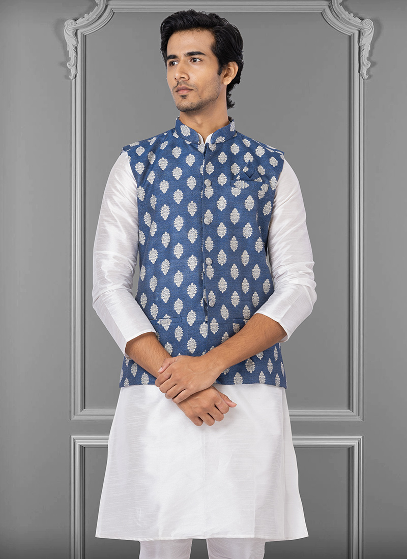 Blue Art Silk JacquardKurta Pyjamas KPSVS427
