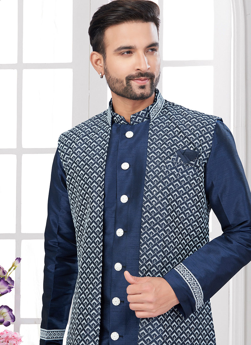 Shop Navy Blue Silk Embroidered Indowestern Jacket Sherwani Festive ...