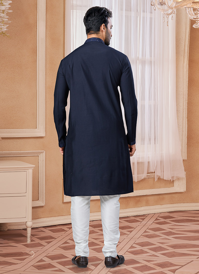 Shop Navy Blue Silk Lace Work Kurta Pyjama Festive Wear Online at Best ...