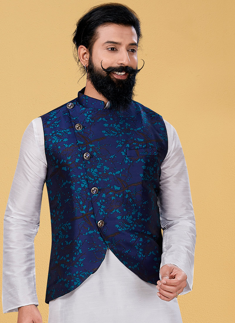 Shop Navy Blue Soft Silk Jacquard Nehru jacket in UK - Cbazaar