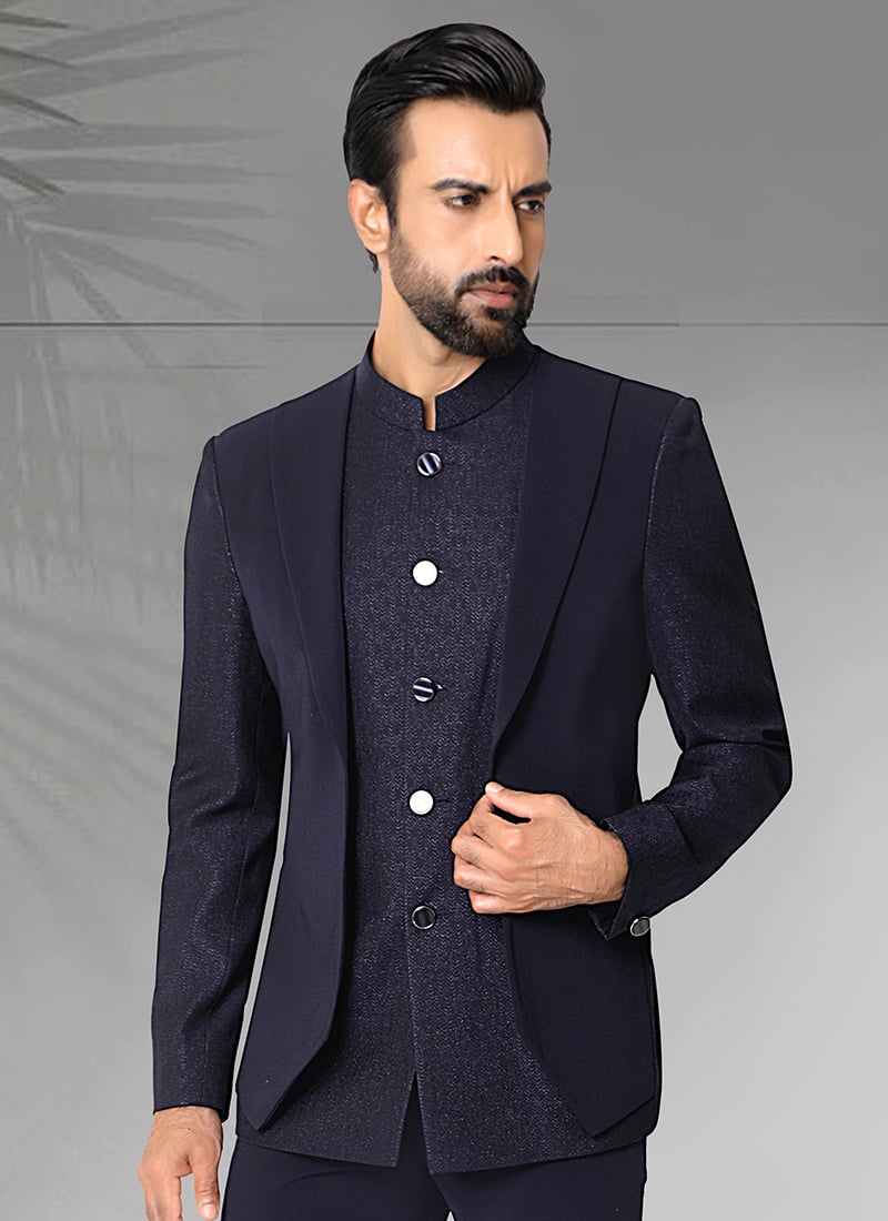 Shop Navy Blue Terry Rayon Jodhpuri Suit Wedding Wear Online at Best ...
