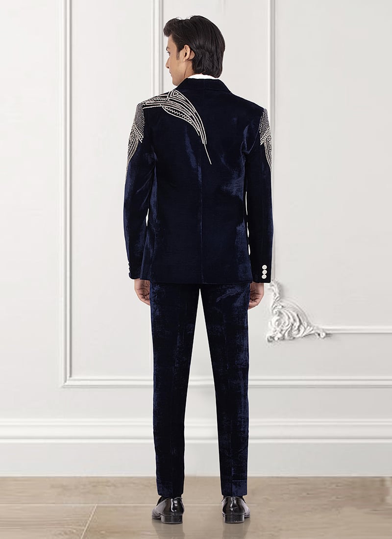 Buy Navy Blue Velvet Beads And Stone Hand Embroidered Suit Wedding Wear ...