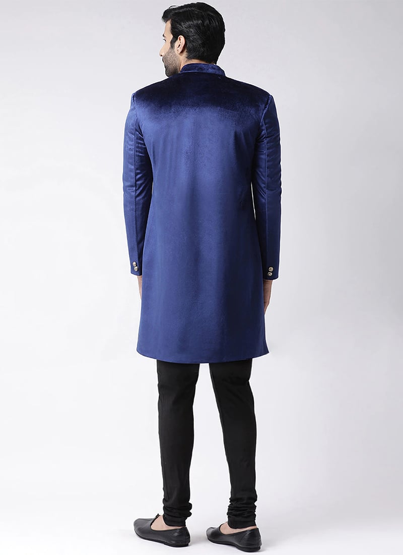 Shop Navy Blue Velvet Classic Sherwani Wedding Wear in UK - Cbazaar
