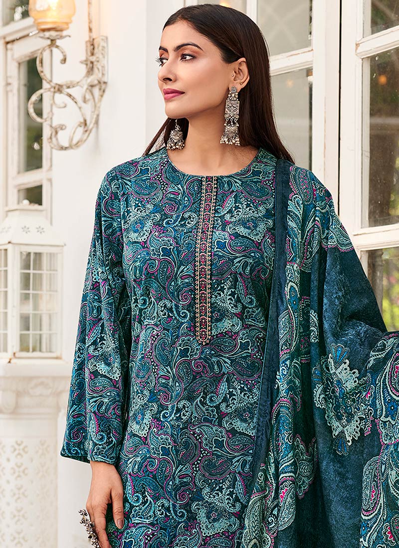 Buy Navy Blue Velvet Digital Print Straight Pant Suit After Six Wear ...