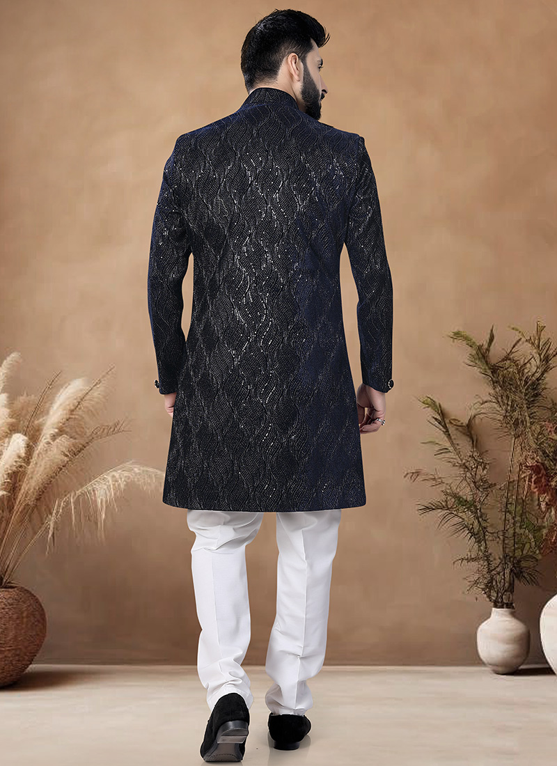 Shop Navy Blue Velvet Embroidered And Sequins Thread Classic Sherwani ...