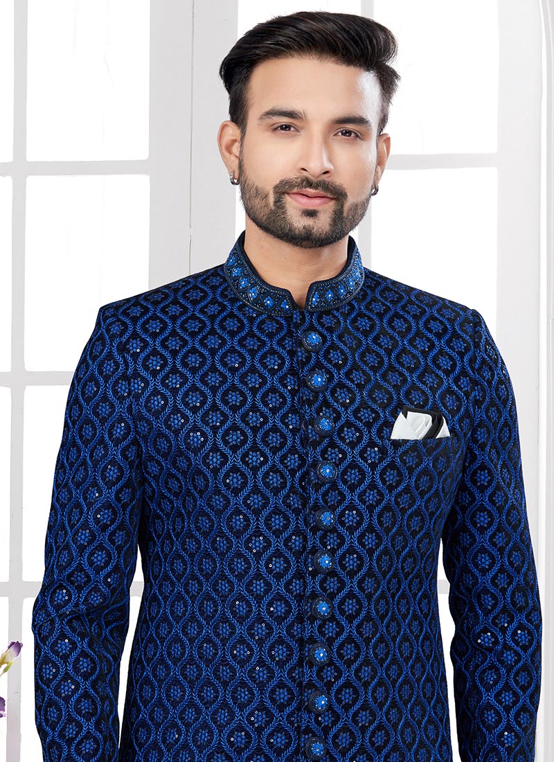 Shop Navy Blue Velvet Hand Work Indowestern Sherwani Wedding Wear in UK ...