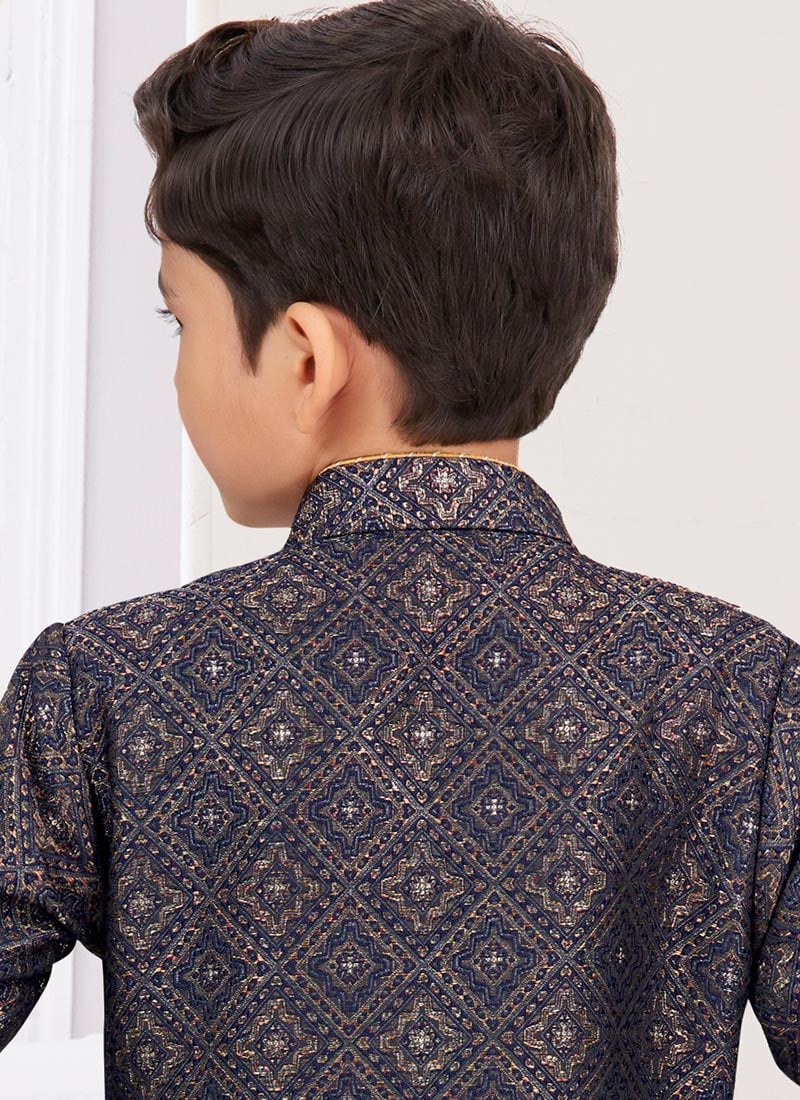 Shop Navy Blue Zari Thread Jacquard Kids Boys Indowestern Sherwani ...