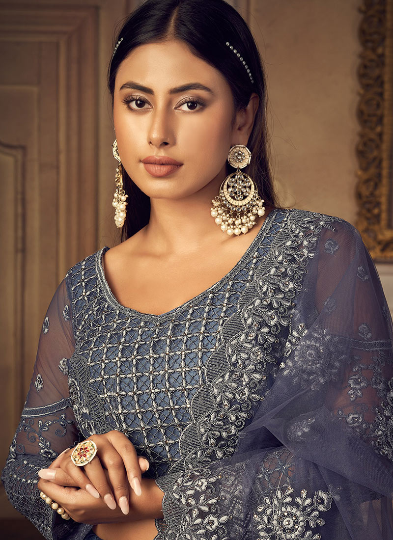 Shop Net Umbrella Lehenga Dusty Blue Embroidery Stone Work Party Wear ...