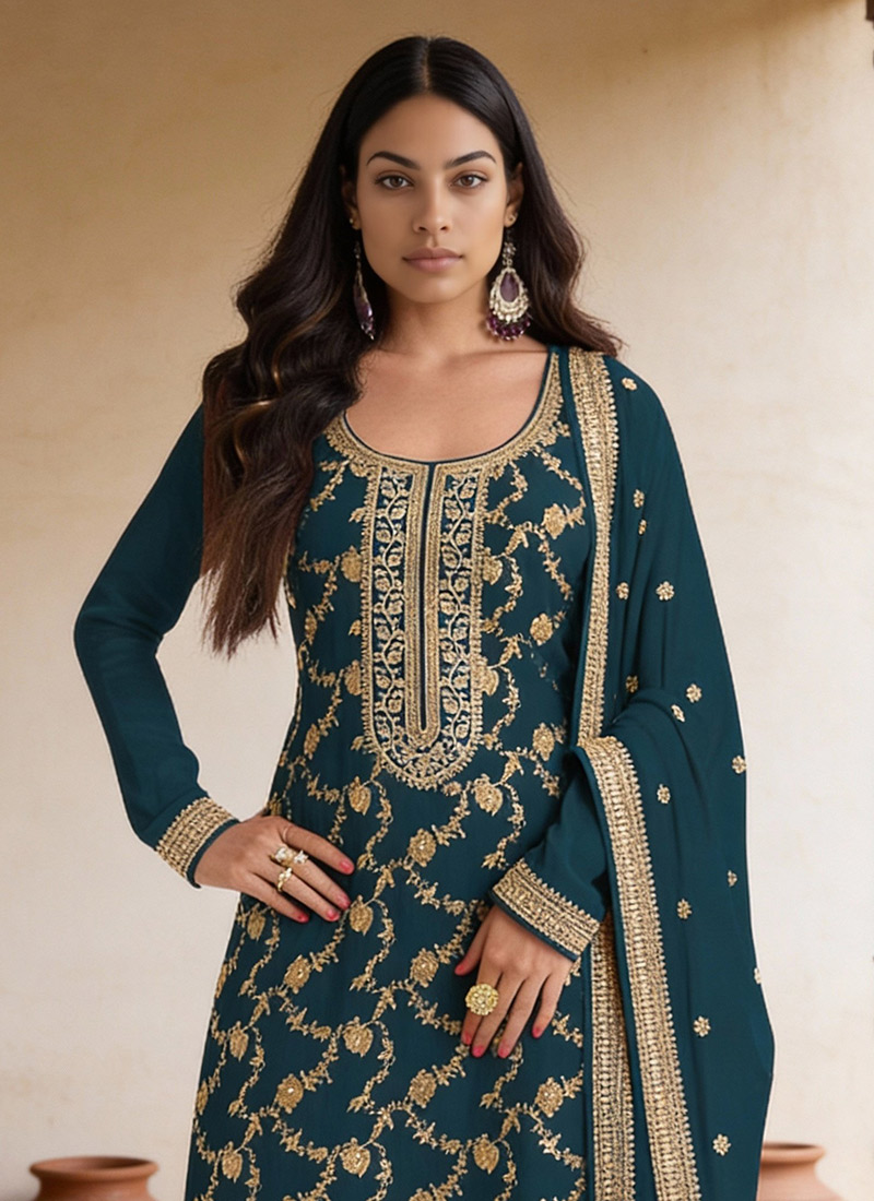 Buy Nidhi Shah Blue Viscose Jacquard Zari Embroidered Sequins Pakistani ...