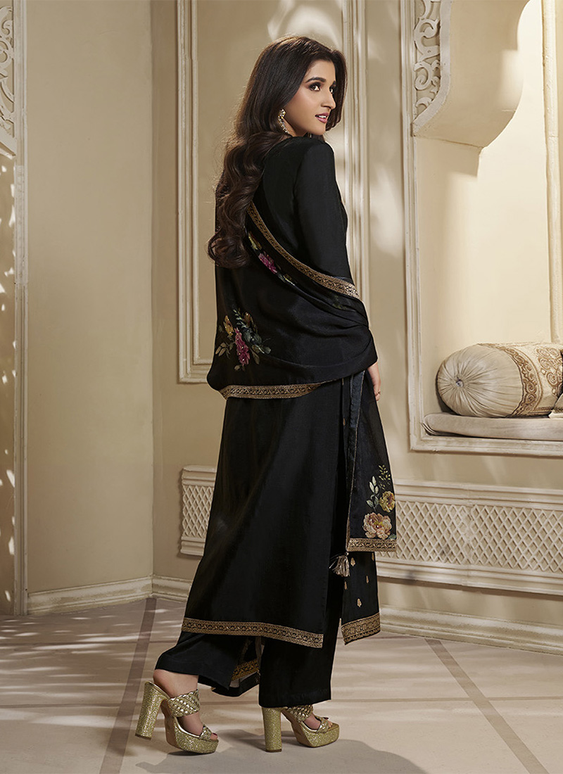 Buy Nidhi Shah Pakistani Style Charcoal Black Jacquard Dola Silk ...
