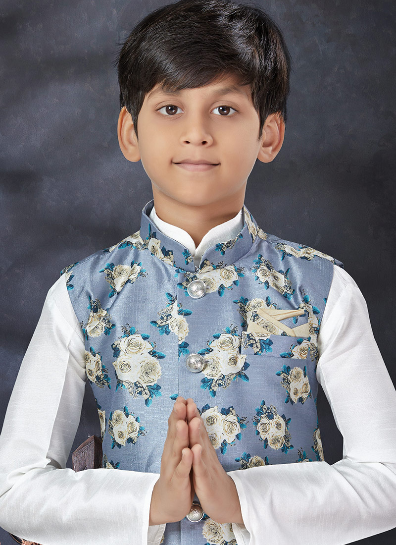 Shop Off White Art Silk Dupion Kids Boys Bandi Set Party Wear Online at ...