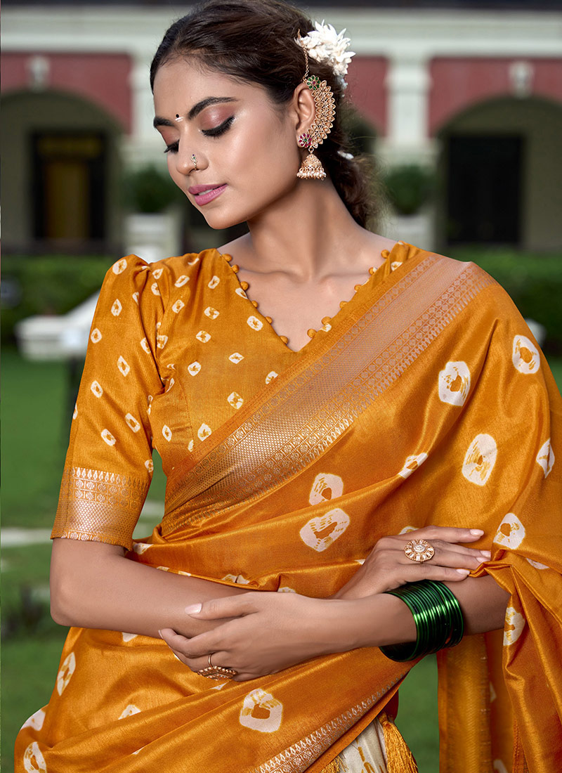 Buy Off White Dola Silk Bandhini Print Zari Work Elegant Lehenga ...