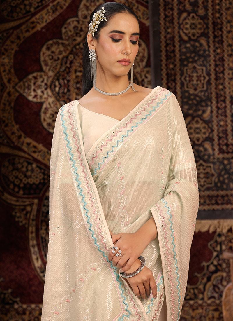 Buy Off White Georgette Deepavali Saree Embossed With Embroidery And ...