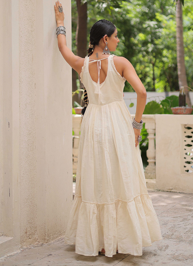 Shop Off White Kora Cotton Kutch Work Gown After Six Wear in India ...