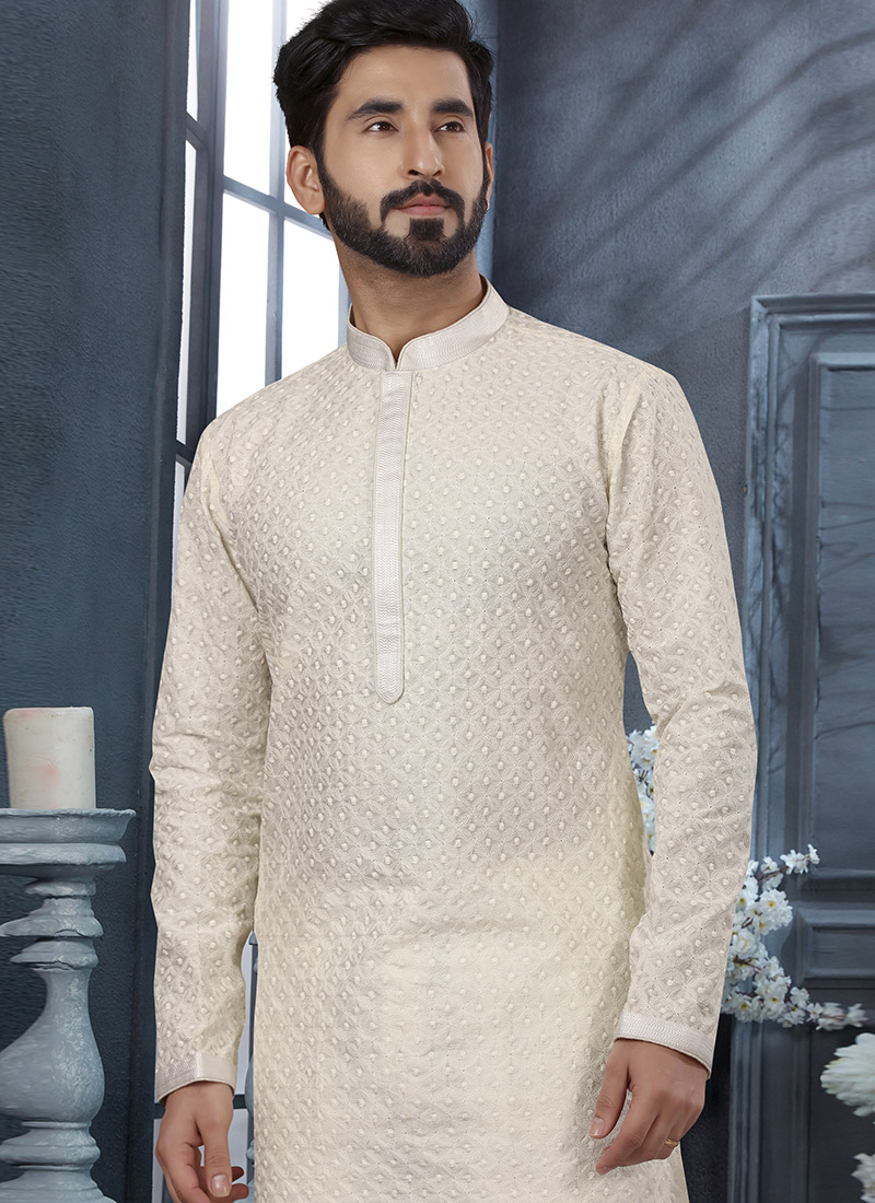 Buy Off White Lucknowi Chikankari Thread Work Kurta Pyjama Online at ...