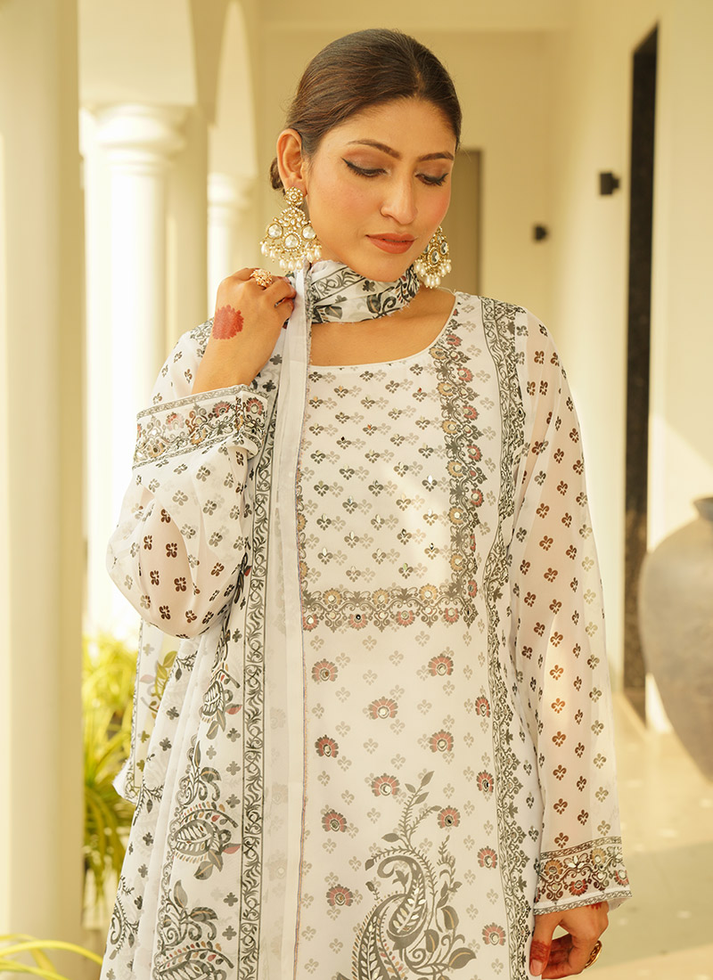 Buy Off White Organza Digital Print With Mirror Work Straight Pant Suit ...