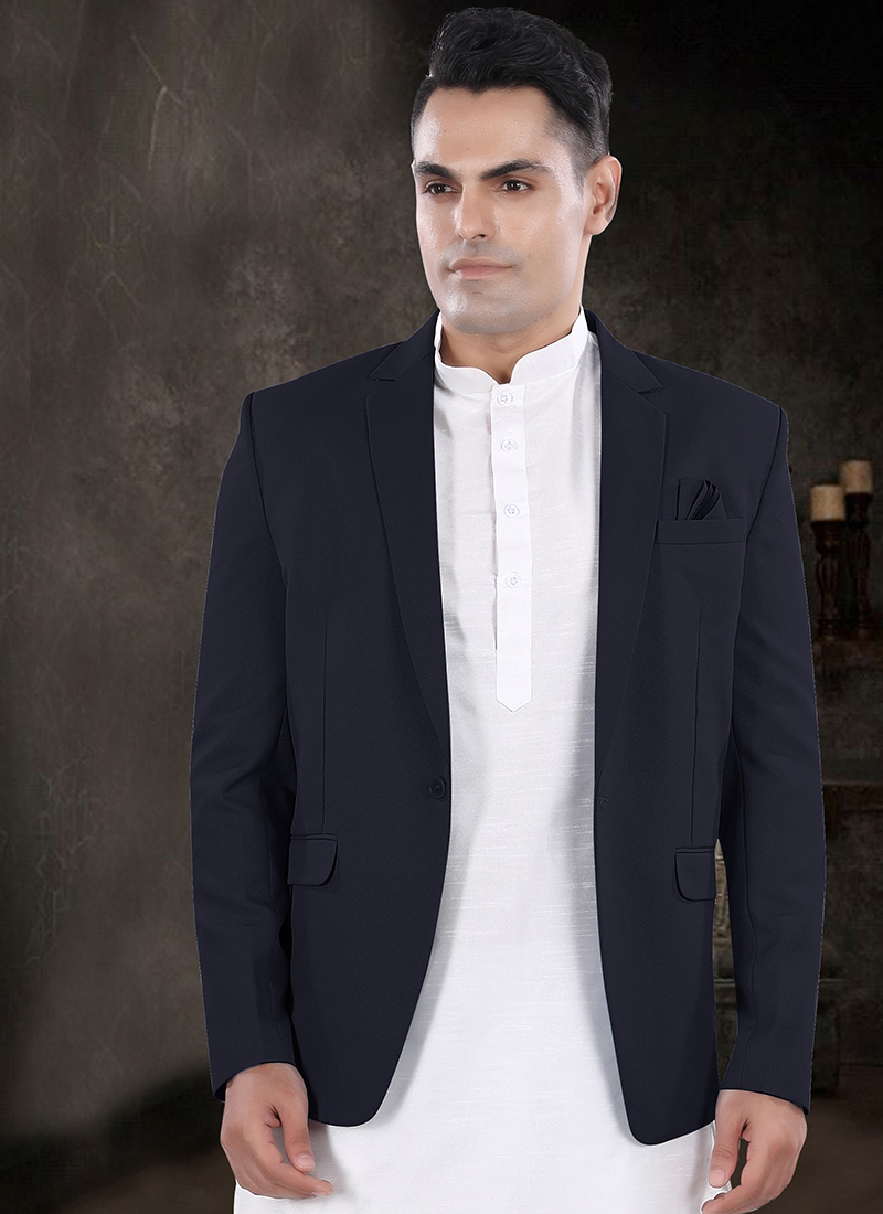 Shop Off White Silk Bandi Set With Navy Blue Blazer Festive Wear Online ...