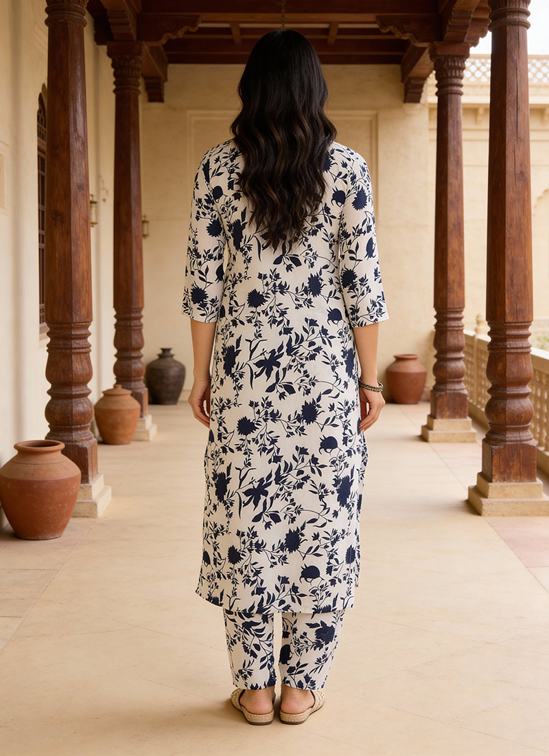 Buy Off White Silk Blend Printed Straight Pant Suit After Six Wear ...