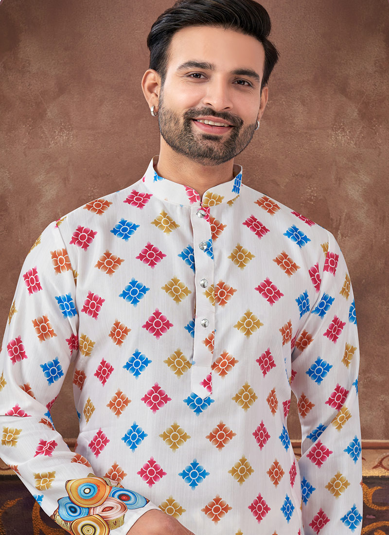 Shop Off White Silk Digital Print Kurta Pyjama Festive Wear Online at ...