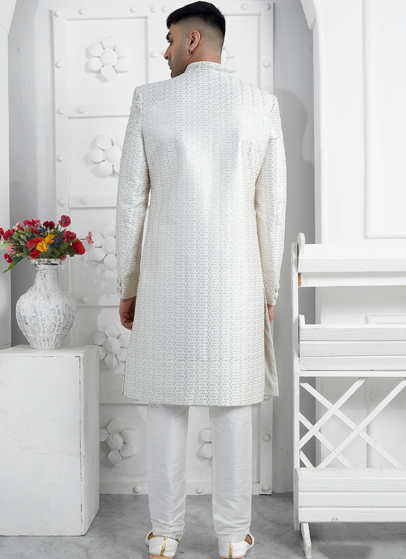 Shop Off White Silk Hand Embroidered Indowestern Party Wear Sherwani Wedding Wear Online at Best ...