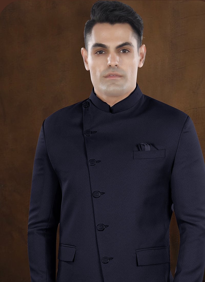 Shop Off White Silk Kurta With Jodhpuri Navy Blue Elegant Bandi Set ...
