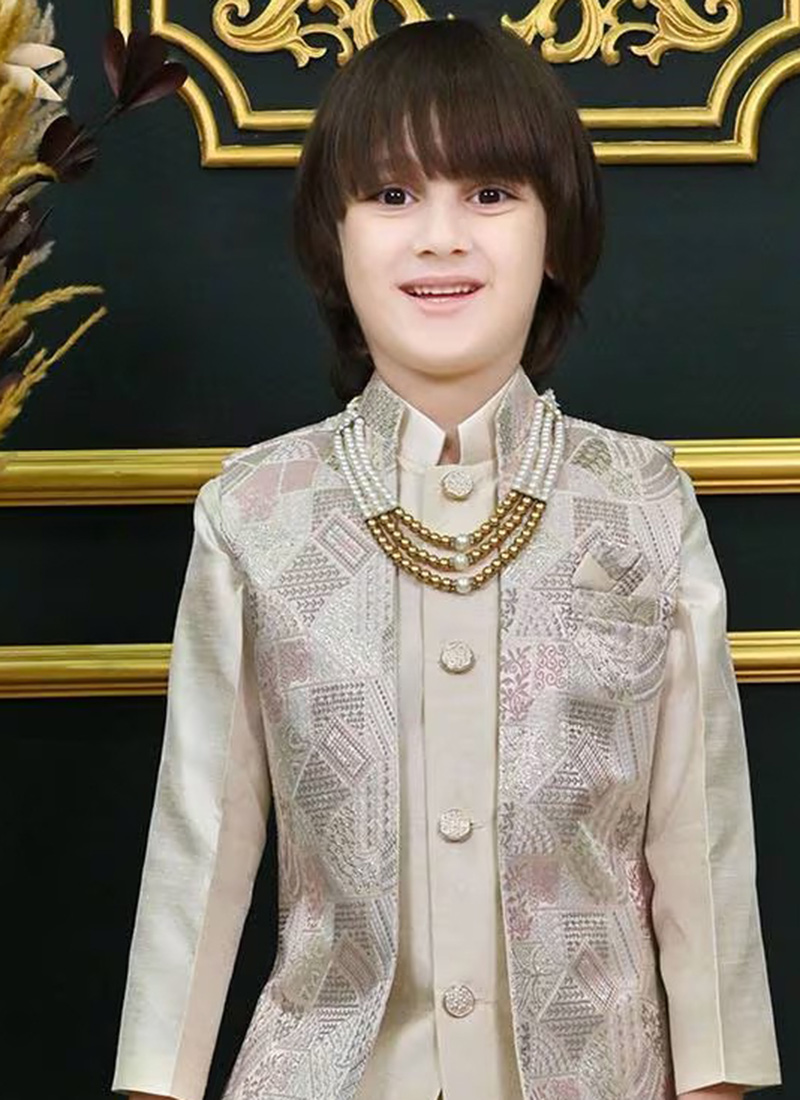 Shop Off White Silk Sequins Kids Boys IndoWestern Sherwani Set Wedding ...