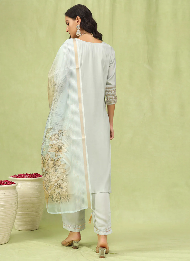 Buy Off White Viscose Roman Silk Embroidered Straight Pant Suit After ...