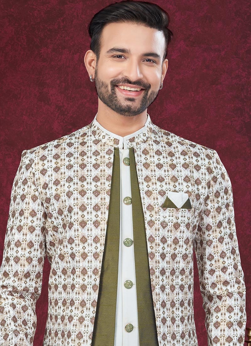 Shop Olive Green Jacqard Banarasi Silk Digital Print Thread Work ...