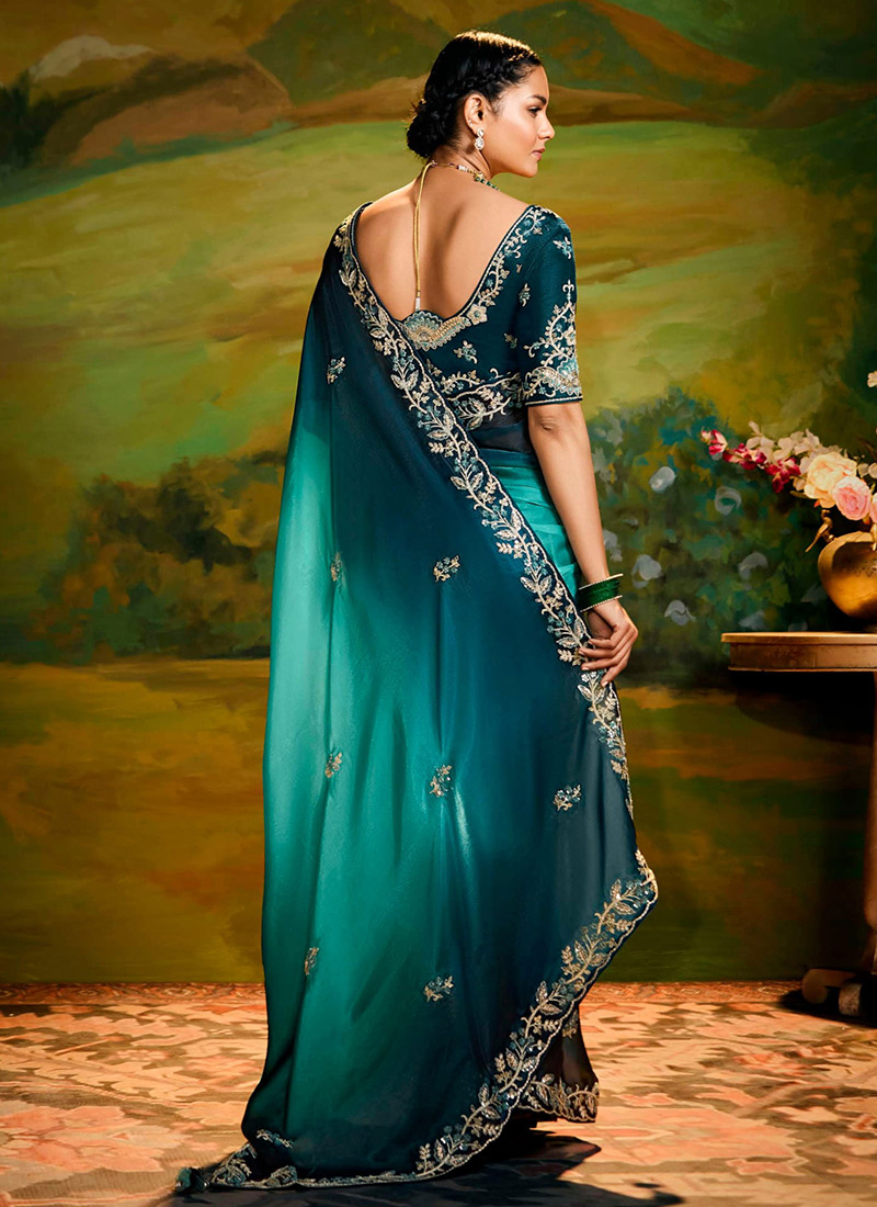 Buy Ombre Teal Blue Tissue Silk Embroidered Sequins Hand Work Saree ...