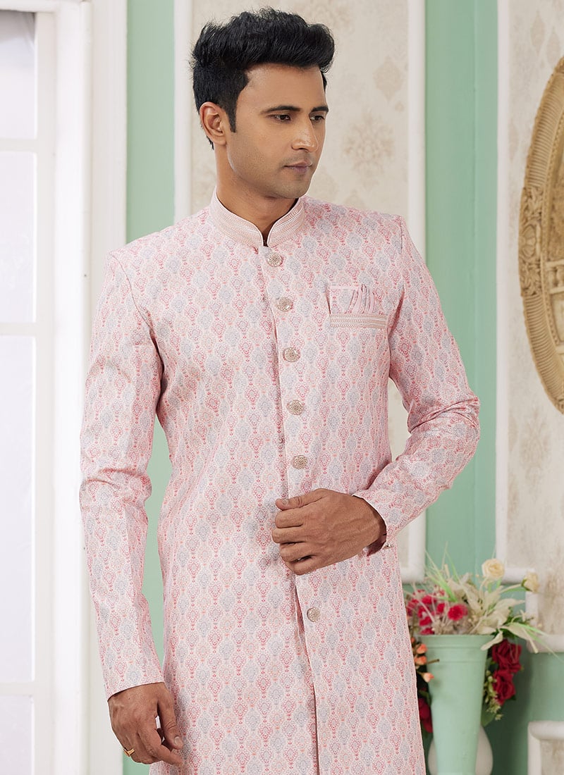 Shop Onion Pink Banarasi Jacquard Digital Print Indowestern Sherwani ...