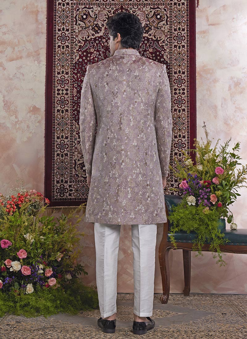 Shop Onion Pink Banarasi Jacquard Indowestern Sherwani Wedding Wear in ...