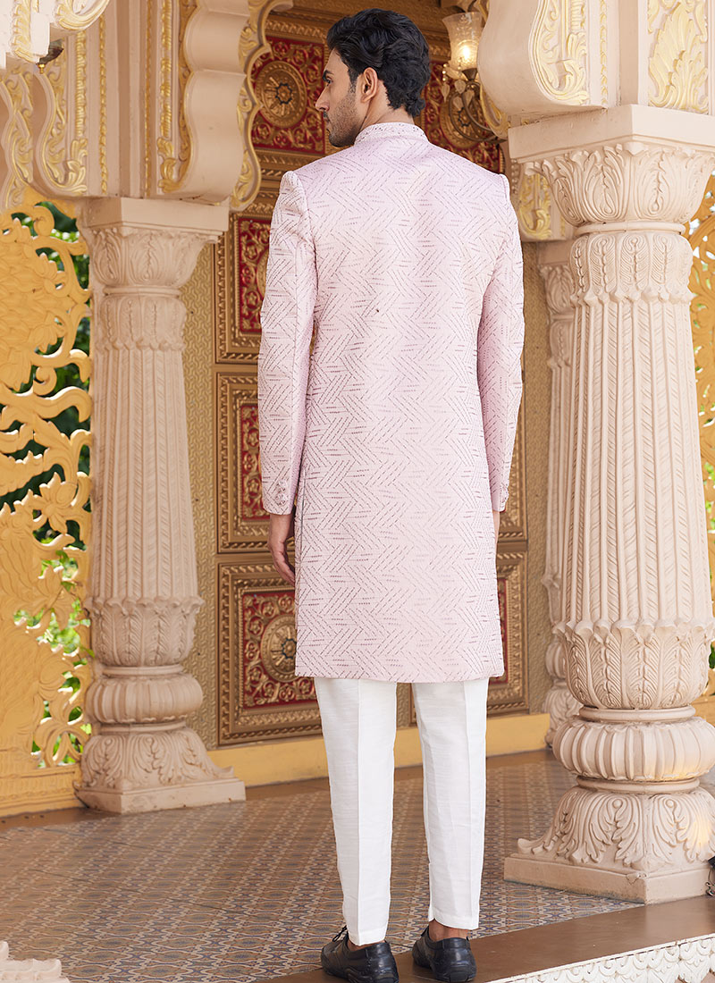 Shop Onion Pink Silk Embroidered Sequins Indowestern Sherwani Wedding ...