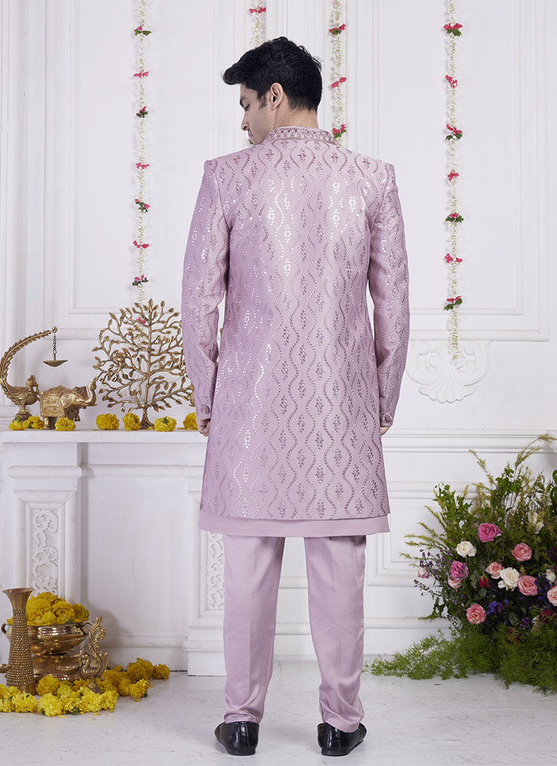 Shop Onion Pink Silk Hand Embroidered Sequins Indowestern Sherwani ...