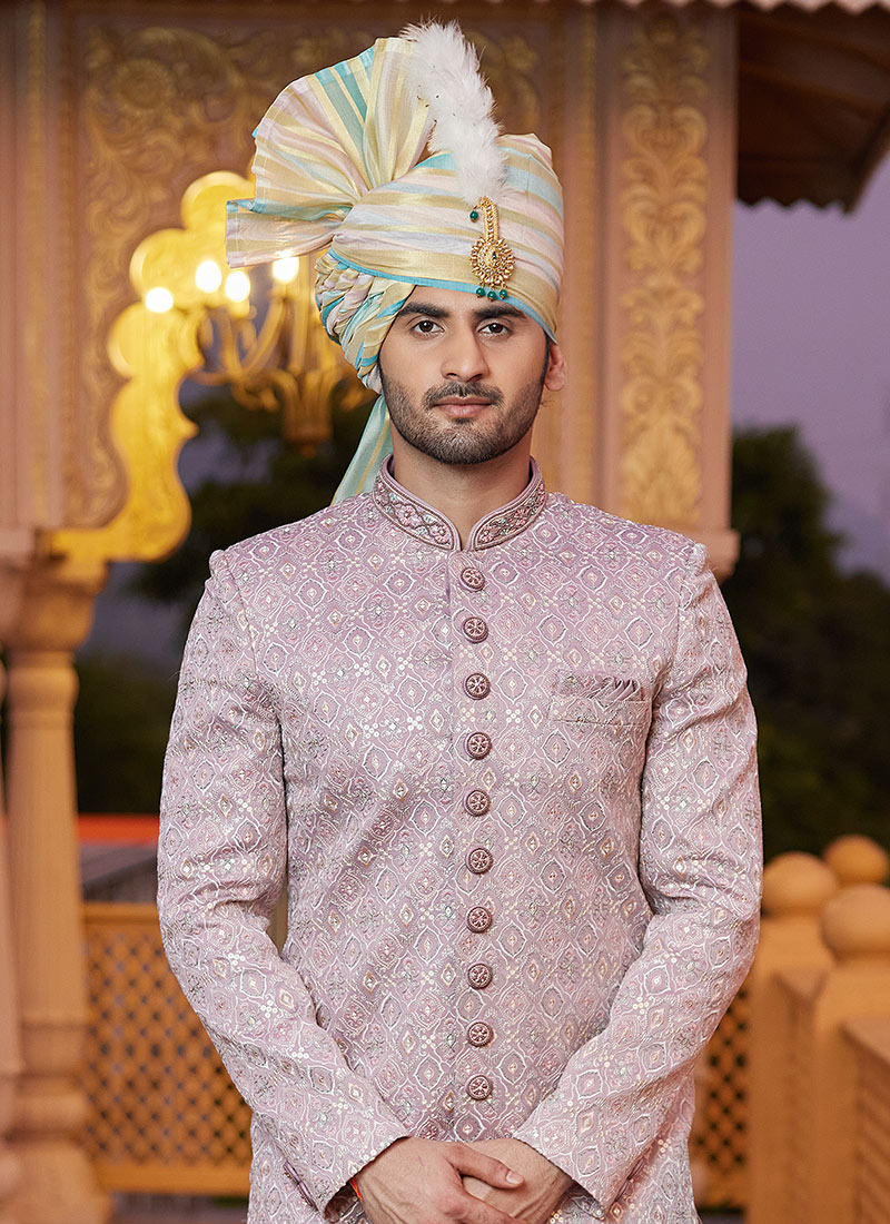 Shop Onion Pink Silk Thread Hand Embroidered Classic Sherwani Wedding ...