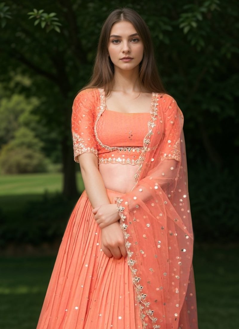 Buy Orange Georgette Zari Hand Embroidered Mirror Work Lehenga Wedding Wear Online at Best Price ...