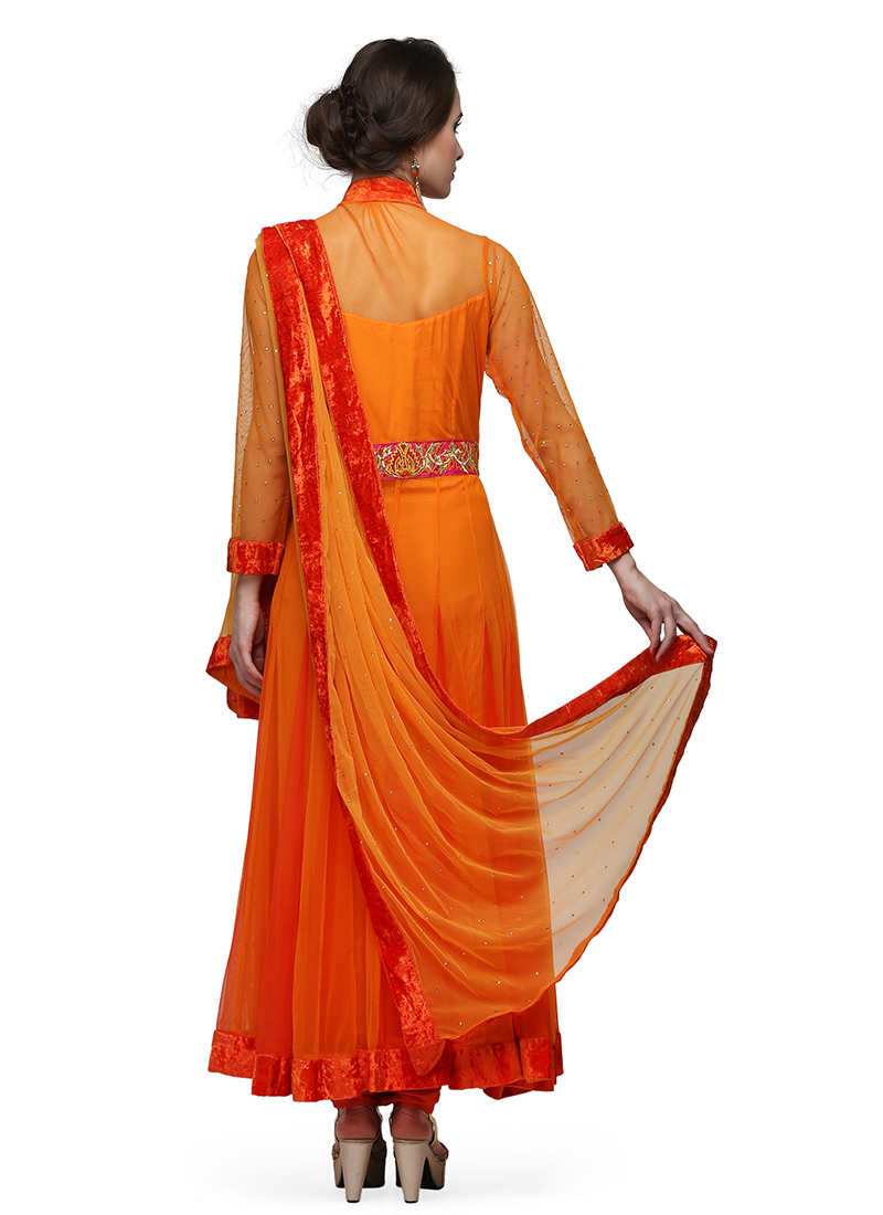 Buy Orange Net Tikki Work Anarkali Suit Party Wear Online at Best Price ...