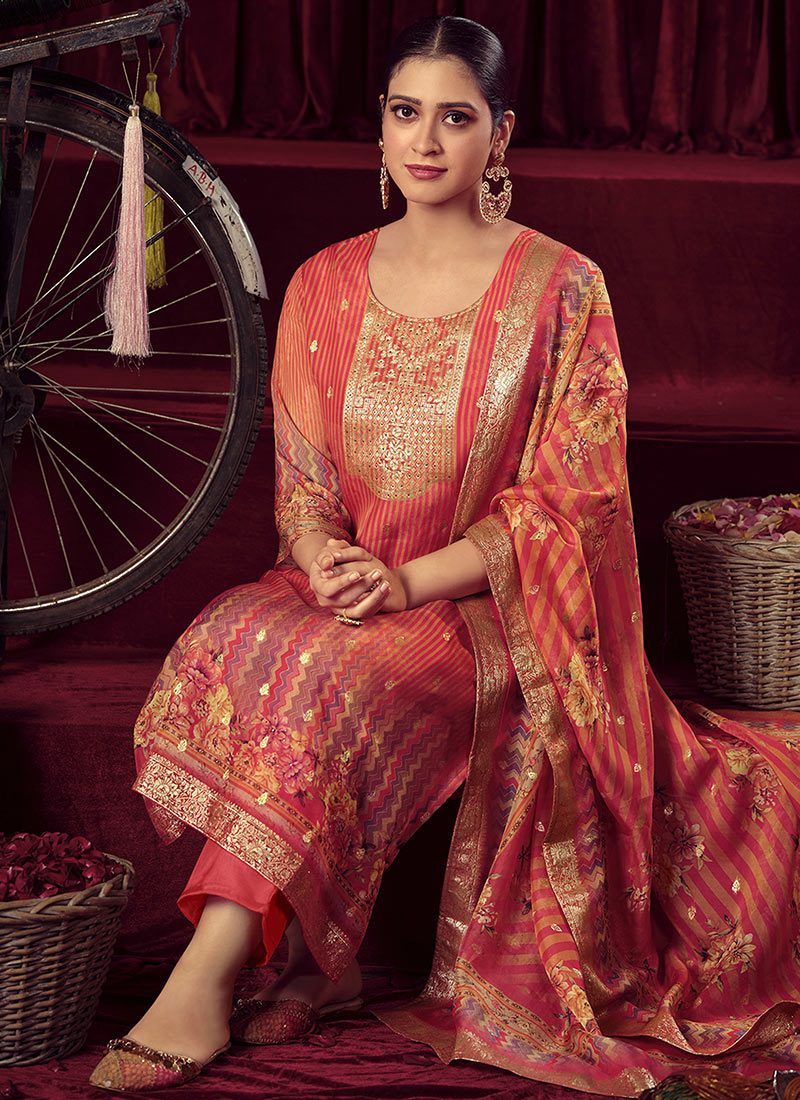 Buy Orange Organza Jacquard Woven Straight Pant Suit Festive Wear ...