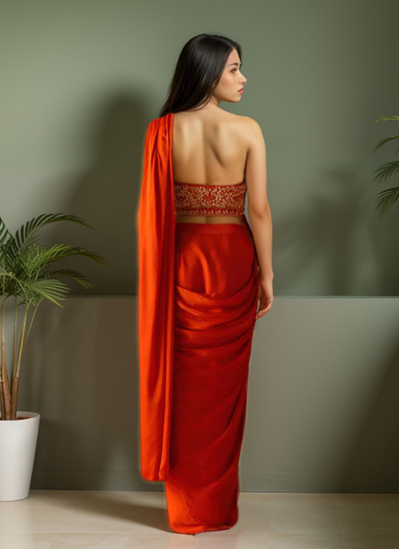 Shop Orange Satin Zardosi Dabaka Hand Embroidered Pre Draped Saree ...