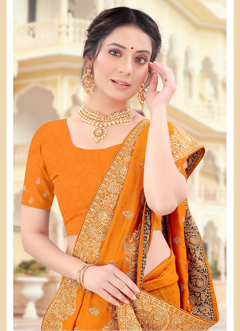Shop Orange Vichitra Silk Zari Embroidery Saree Party Wear Online at ...
