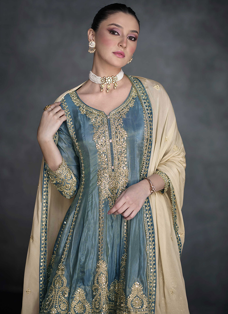 Shop Organza Embroidered Mirror Work Anarkali Suit Party Wear Online at ...