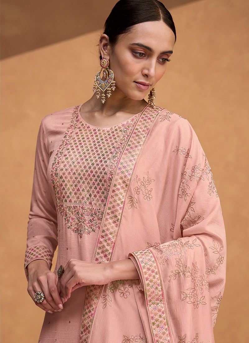 Buy Peach Faux Georgette Embroidered Straight Pant Suit Party Wear ...