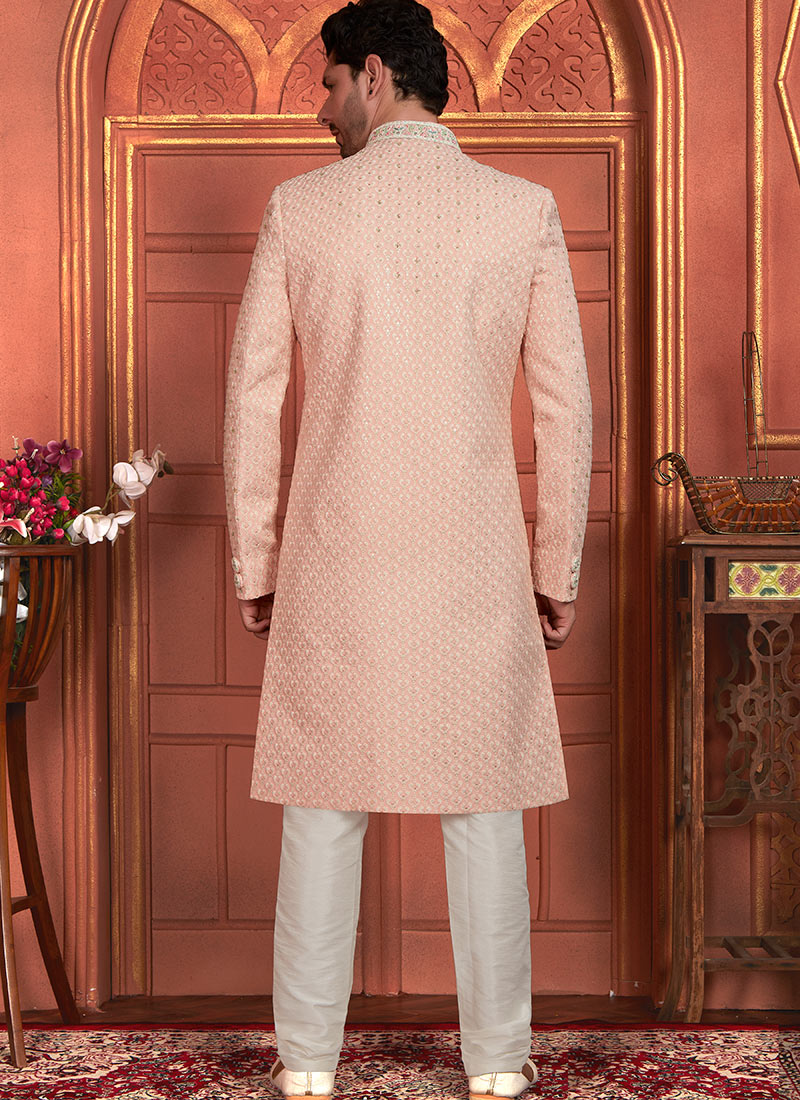 Shop Peach Faux Georgette Thread Hand Work Classic Sherwani For Men ...